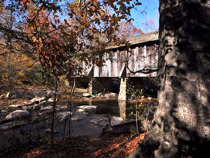 The side profile shows off the elegant proportions that make covered bridges architectural works of art. 