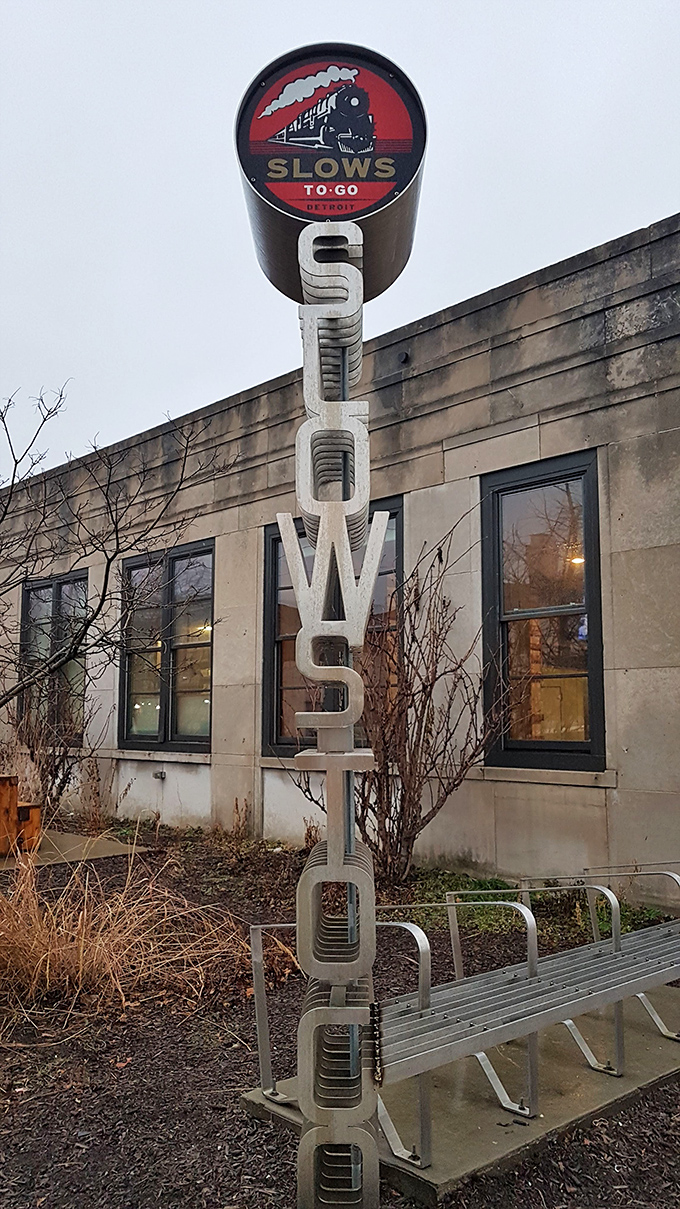 That vertical "SLOWS" sign isn't just signage &ndash; it's a beacon of hope for the barbecue-deprived souls of Michigan.