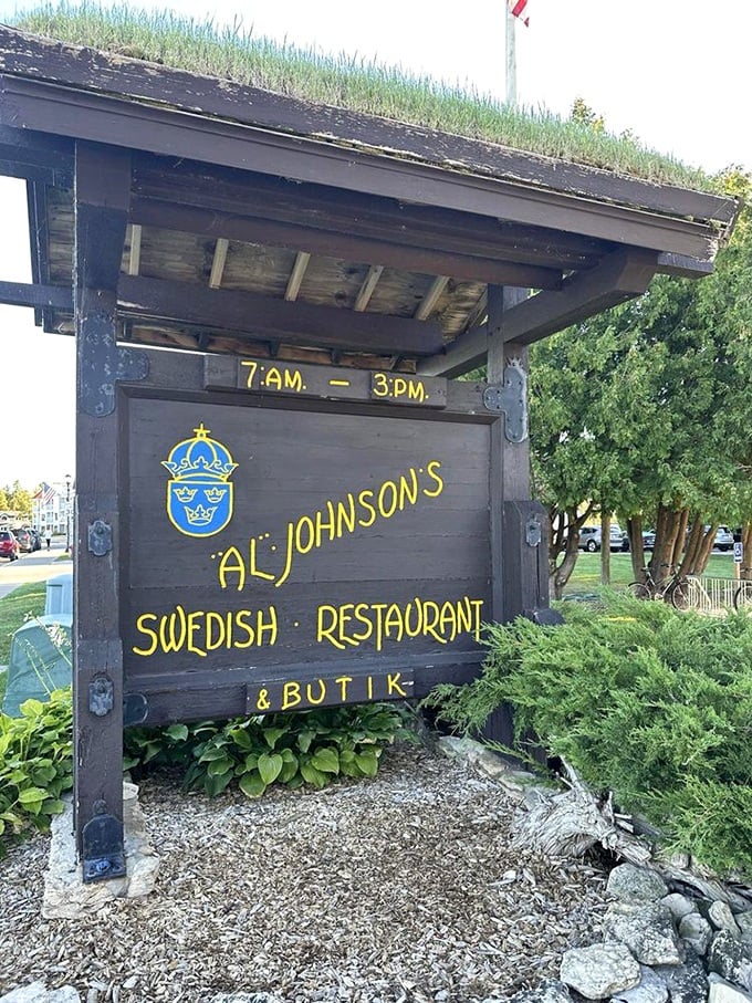 The sign says it all &ndash; Swedish Restaurant & Butik &ndash; with a grass roof above that promises the most unique dining experience in Door County.