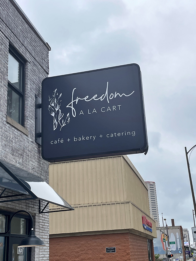 A sign that stands out against Columbus's skyline, beckoning food lovers and compassionate diners alike to this downtown gem.