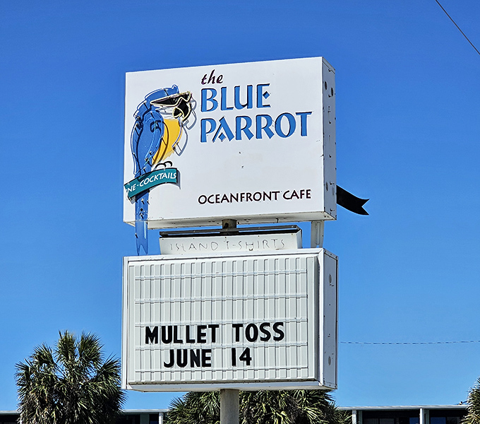 The Blue Parrot sign promises two essential Florida experiences: seafood and a "Mullet Toss" &ndash; only one involves actual fish.