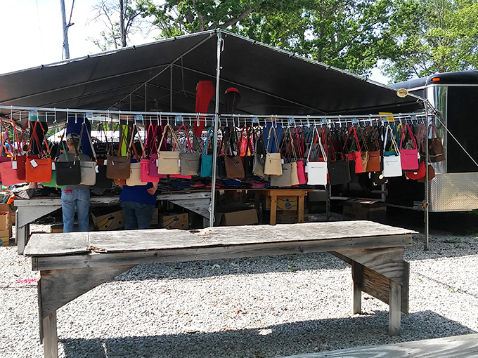 Handbag heaven stretches across the horizon like a leather and vinyl rainbow. Each purse holds secrets of previous shopping expeditions.