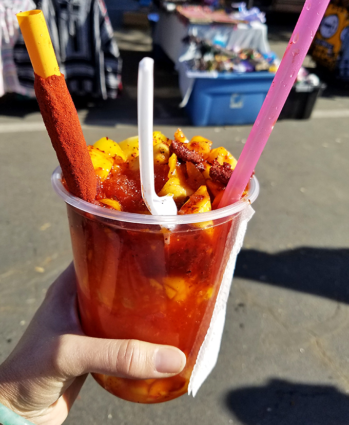 Fruit cocktail perfection with a kick of chili that dances on your tongue. This cup of joy is the unofficial fuel of serious swap meet shoppers.