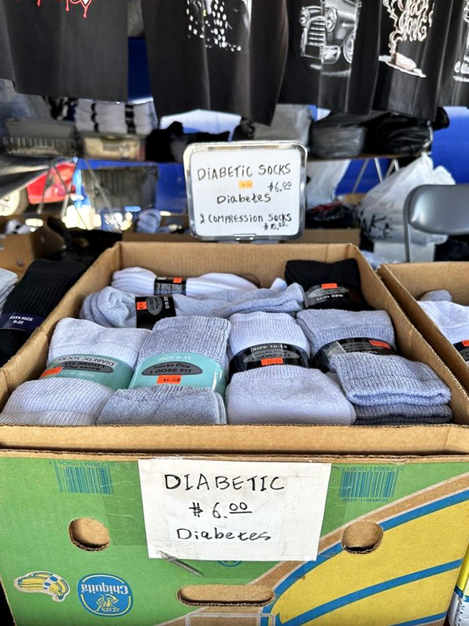 Even diabetic socks get their moment in the spotlight. Practical necessities mingle with frivolous finds in the true swap meet tradition.