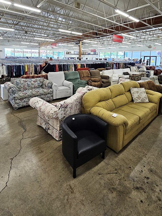 The sofa showroom rivals furniture stores but at a fraction of the price. That mustard yellow couch is straight from your grandma's 1970s living room.