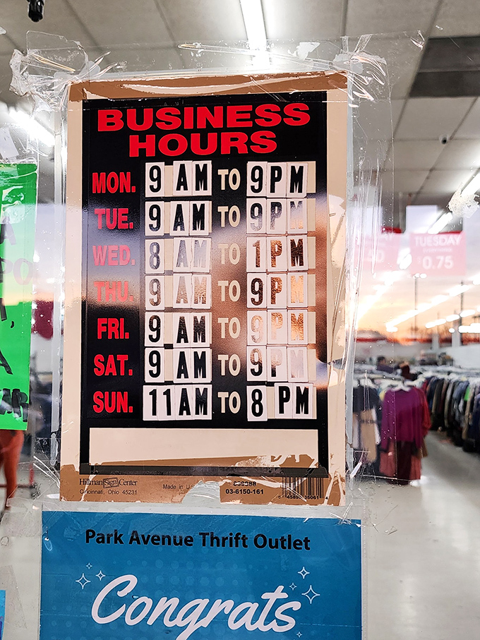 The store hours sign—a treasure map with times instead of X's marking the spot. Plan your expedition accordingly!