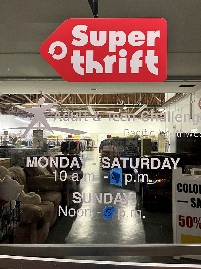 The iconic red SuperThrift sign promises retail adventure six days a week, with Sunday hours for those who need their thrifting fix after church.