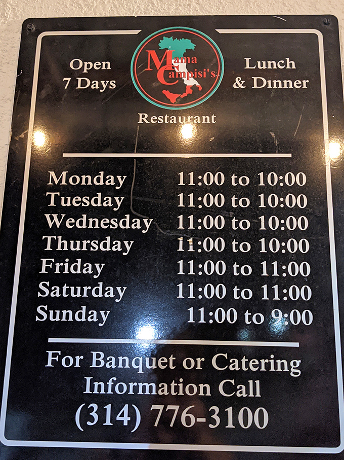 Open seven days because pasta cravings don't follow a schedule. The hours posted like a promise: "We'll be here when hunger strikes."