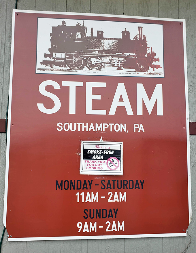 The sign says it all—a nod to railway heritage and generous hours that accommodate both early birds and night owls seeking satisfaction.