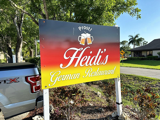 "Prost!" The cheerful sign announces your arrival at a little piece of Germany. Those beer mugs aren't just decoration &ndash; they're foreshadowing deliciousness.