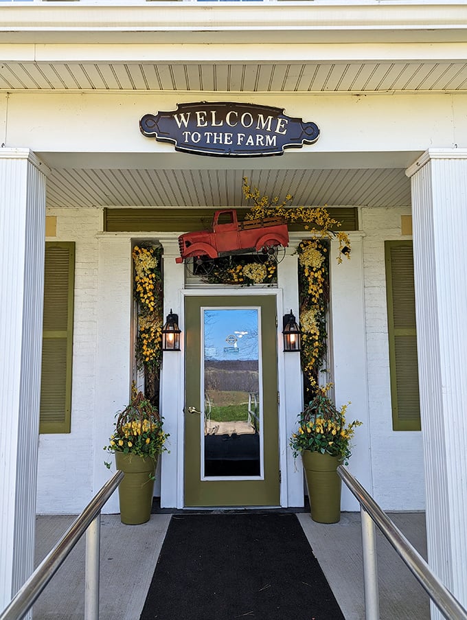 "Welcome to The Farm" isn't just a sign&mdash;it's a promise. The vintage truck and yellow flowers set the stage for homespun hospitality.