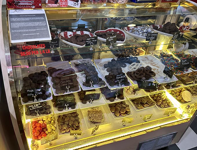 A treasure chest of sweet temptations behind glass. Diet plans come here to die a deliciously happy death.