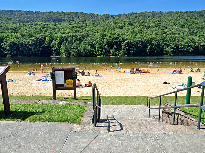 Beach day, Pennsylvania style! Poe Lake's sandy shore offers all the sunbathing benefits without any pesky saltwater or sharks.