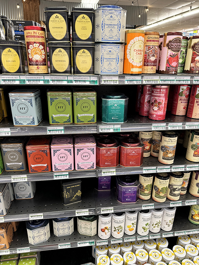 Tea treasures lined up like colorful soldiers. Each tin a passport to exotic flavors without leaving Pennsylvania.