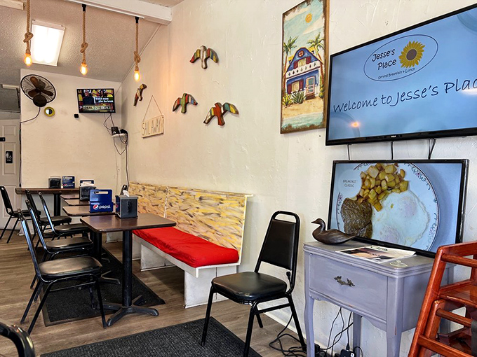 Wooden ducks fly across white walls while a digital welcome screen shows what you're in for. Old-school charm meets new-school convenience.