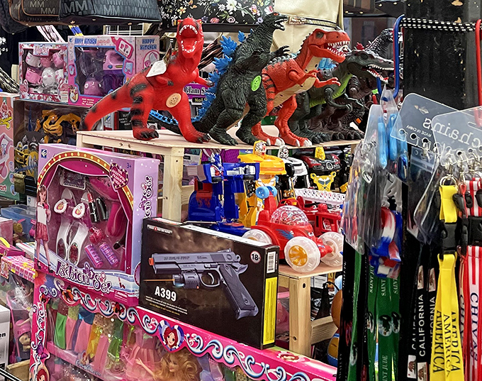 Where else can dinosaurs and robots share shelf space? Toy sections reveal the delightful chaos that makes flea markets magical.