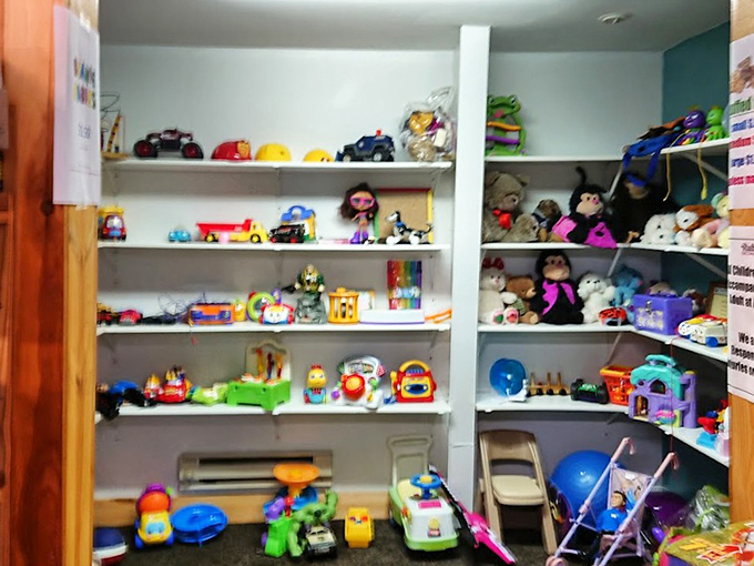 Childhood memories line these shelves, where forgotten toys await new adventures with the next generation of imaginative youngsters.