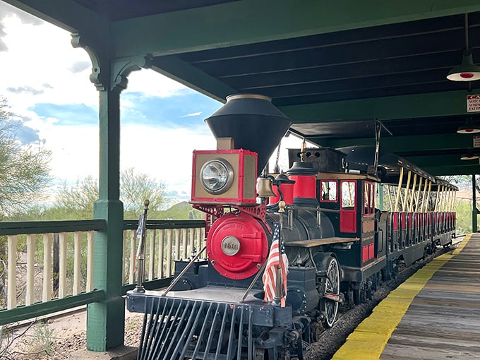 All aboard the C.P. Huntington Train! This iron horse offers both respite for tired feet and a narrative journey through Western movie history.