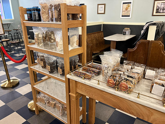 This isn't just a candy display&mdash;it's temptation in wooden form, offering sweet souvenirs for those rare moments when ice cream alone isn't enough.