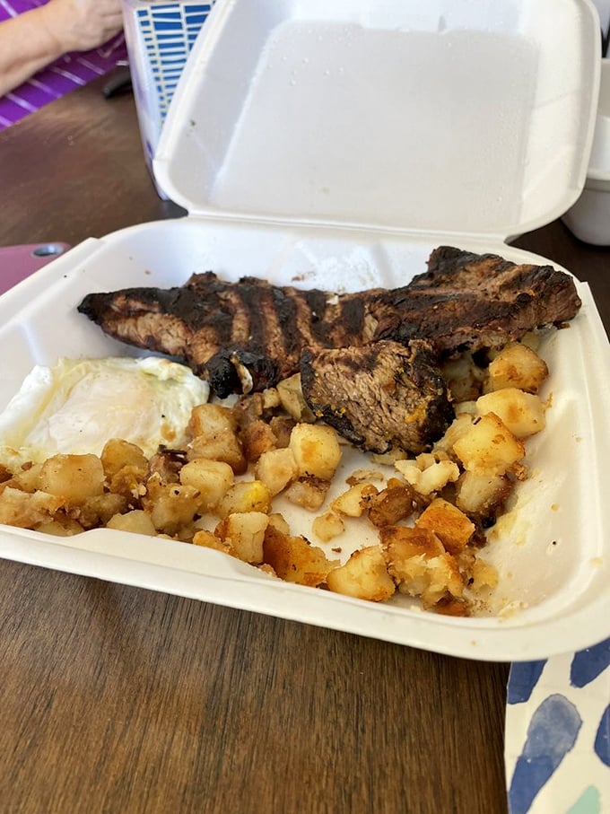 Perfectly grilled tri-tip with golden home fries and a side of eggs. Breakfast that understands the meaning of "hearty" isn't just a word.