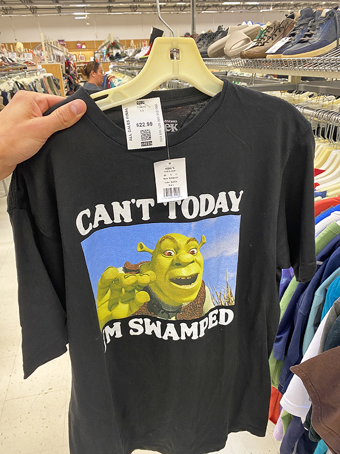 Can't Today, I'm Swamped says Shrek on this t-shirt, speaking for all of us who'd rather be thrifting than attending that meeting.