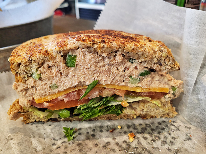 This tuna sandwich has been elevated from sad desk lunch to work of art&mdash;layers of color and texture that would make your childhood lunch box weep with inadequacy.