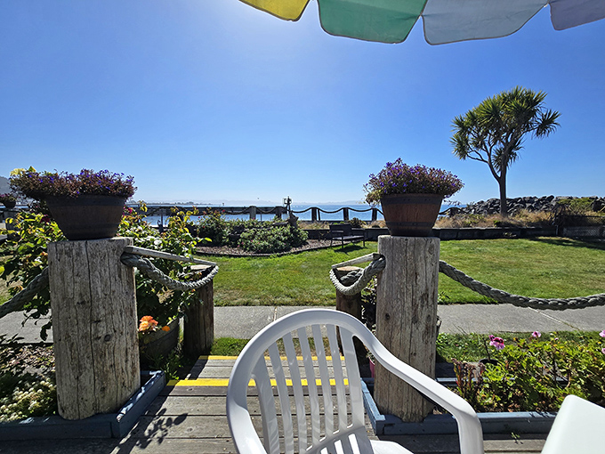The patio view is the kind people pay millions for – Humboldt Bay stretches before you, the perfect backdrop for contemplating a second helping of chowder.