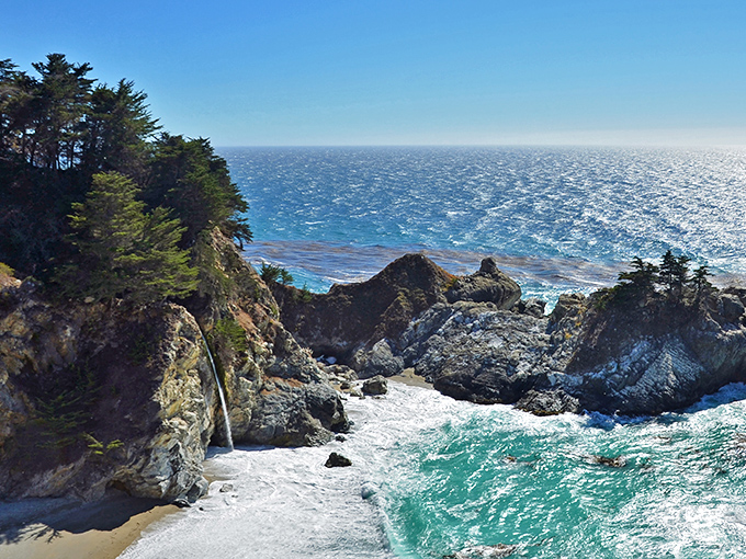The Pacific stretches endlessly from Pfeiffer's dramatic cliffs, a hypnotic blue expanse that makes everyday worries seem delightfully insignificant.