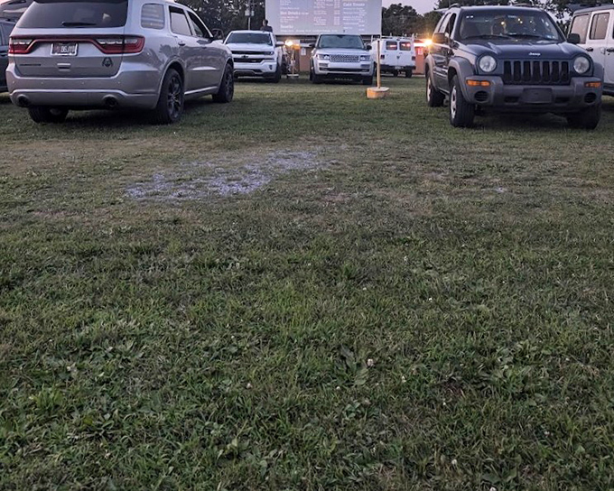 As dusk settles, headlights dim and anticipation builds. The communal experience of strangers united by the flicker of light on a massive screen.