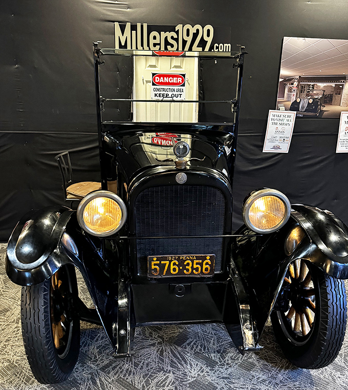 A vintage car display that reminds us Miller's has been feeding happy folks since before Instagram could document the experience. History with horsepower.