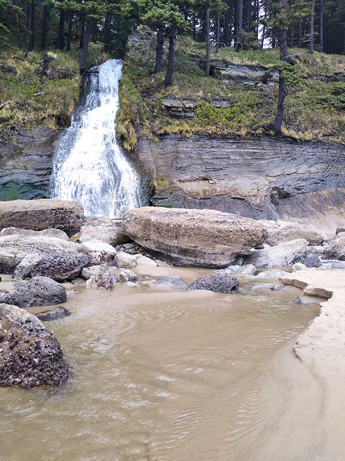 Waterfall meets beach in a rare geological blind date that somehow works perfectly despite their different backgrounds.