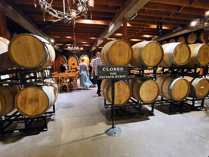 Behind the "Closed for Private Event" sign lies the inner sanctum of wine country&mdash;where oak barrels cradle liquid dreams.