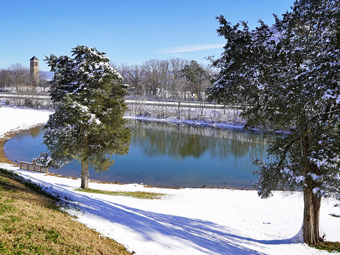 Even in winter, Luray's grounds offer peaceful vistas where snow-dusted paths lead visitors to underground warmth and wonder.