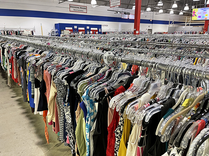 Women's clothing racks that stretch to the horizon. The thrill of the hunt condensed into color-coded rows of potential wardrobe game-changers.