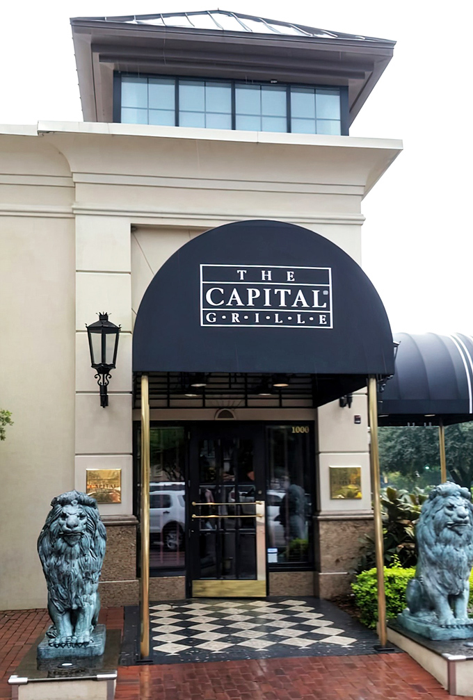 Those majestic lion statues guard the entrance to steakhouse perfection - enter and prepare for excellence.