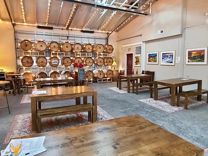 Industrial-chic barrel room showcases serious winemaking where tradition meets modern craftsmanship in every bottle.