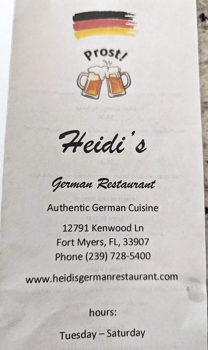 The menu cover says it all &ndash; authentic German cuisine awaits. That German flag and clinking beer mugs are basically a taste preview.