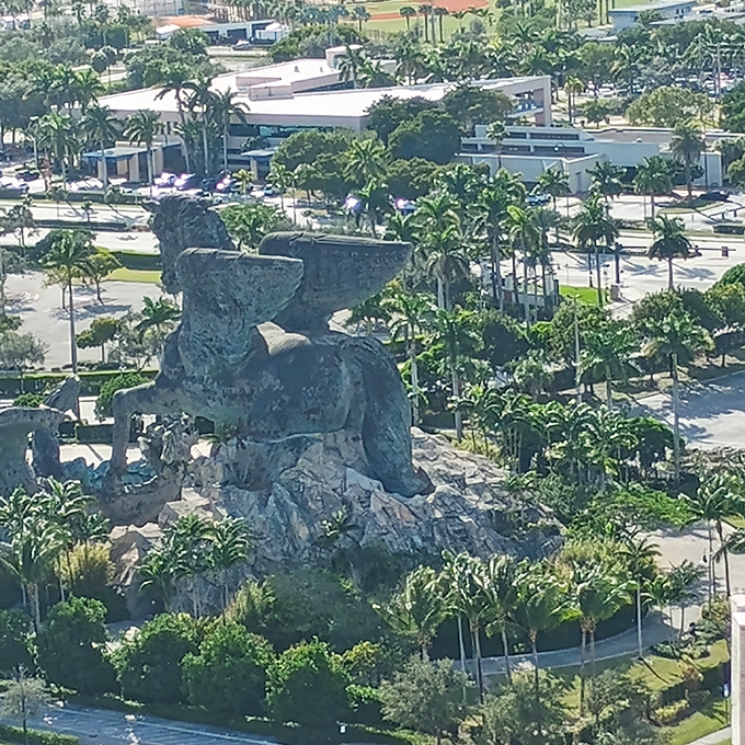 From above, the sculpture's impressive scale becomes clear - truly a neighborhood-defining artistic landmark.