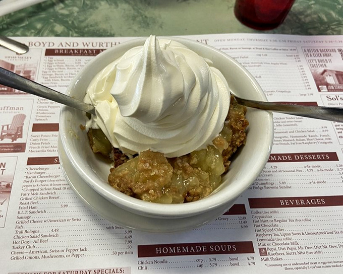Apple crisp topped with a cloud of whipped cream: proof that paradise exists and it's served in a small white bowl.