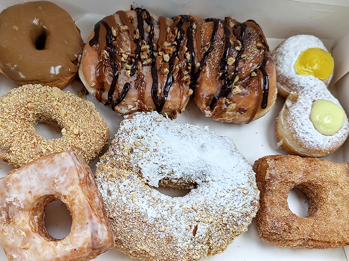 A box of assorted donuts that represents hope, joy, and the perfect breakfast-dessert hybrid. Variety is indeed the spice of life.
