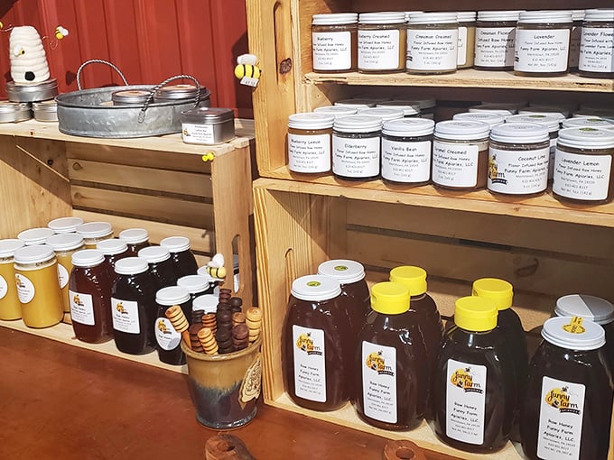 Golden honey jars line wooden shelves, each one containing Pennsylvania sunshine and busy bee dedication.