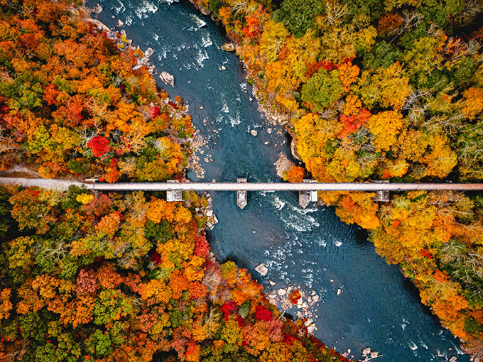 Nature frames this perfect autumn scene, where fall foliage creates a spectacular backdrop for the bridge spanning crystalline waters below.