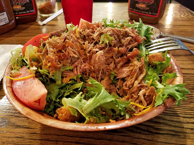 BBQ can be healthy-adjacent! Pulled pork atop fresh greens creates the salad equivalent of wearing a tuxedo T-shirt&mdash;formally dressed but ready to party.