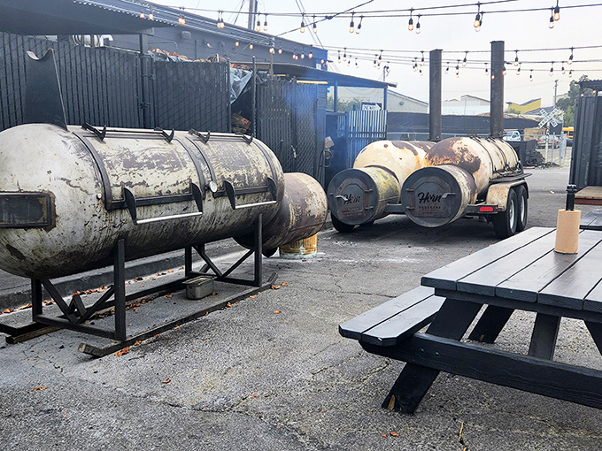 The real workhorses of Horn Barbecue: battle-scarred smokers that have seen more all-nighters than a college student during finals week.