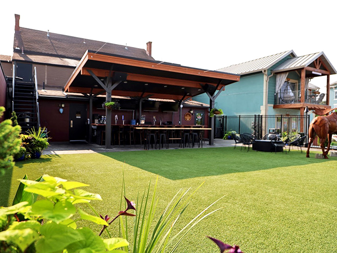 The exterior view showcases Bullwinkle's prime location in Miamisburg's historic district, where hungry patrons are just steps away from barbecue nirvana.