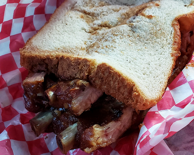 The rib sandwich&mdash;where bread serves merely as a delivery system for smoky, tender meat that's the star of the show.
