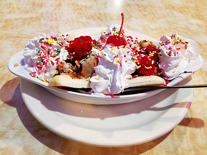 The banana split that could make a grown person weep tears of nostalgic joy and brain freeze.