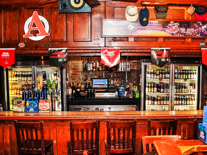 The bar itself&mdash;command central for cold beer and burger anticipation. Those refrigerators hold liquid happiness to complement your meal.
