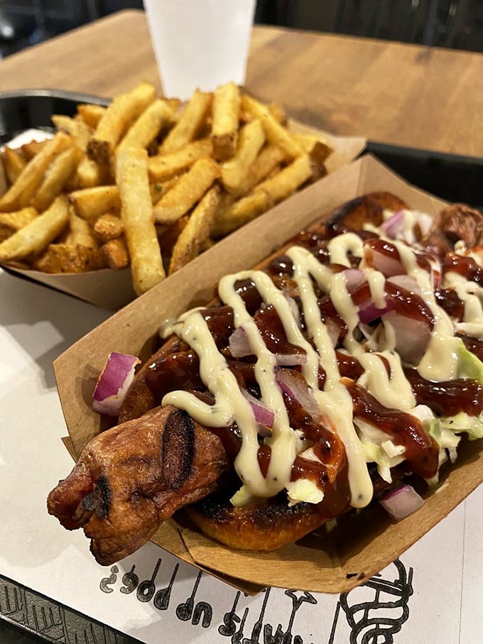 BBQ sauce, crispy onions, and creamy drizzle transform this dog into something that would make both Kansas City and Chicago proud.
