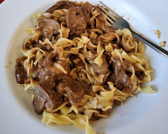 Comfort food perfection on a plate &ndash; tender beef and mushrooms in rich gravy over noodles that could cure any case of the blues.